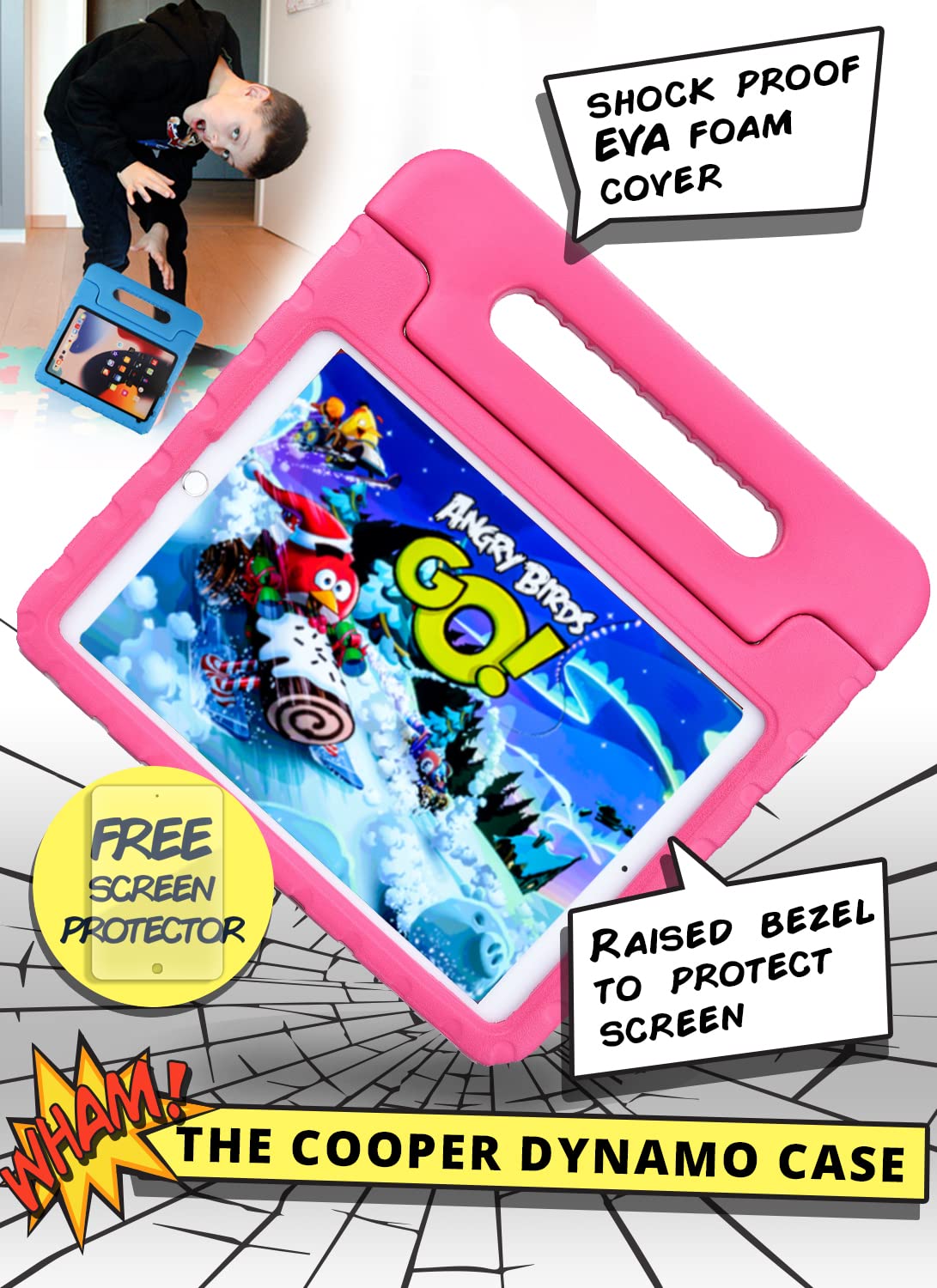 Official Cooper Dynamo Kids iPad Case 9th Generation | iPad 9th Generation Case Kids, iPad 8th/7th/10.2 inch Case for Kids, Lightweight with Screen Protector, Handle, Pencil Holder (Bubble Gum Pink)