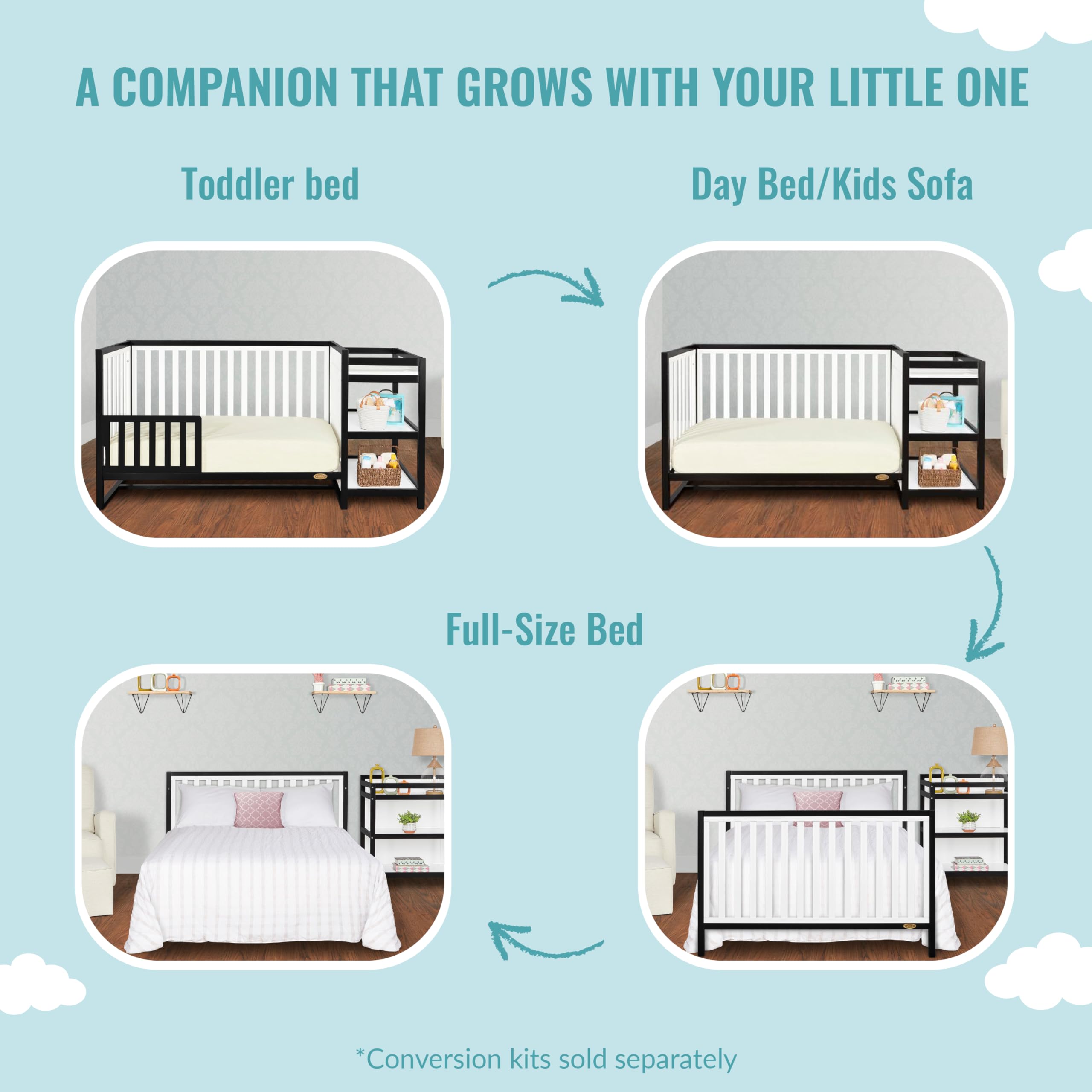 Dream On Me Milo 5-in-1 Convertible Crib and Changing Table with Free Changing Pad in Black and White, 3 Mattress Height Settings, Non-Toxic Finishes, Pinewood