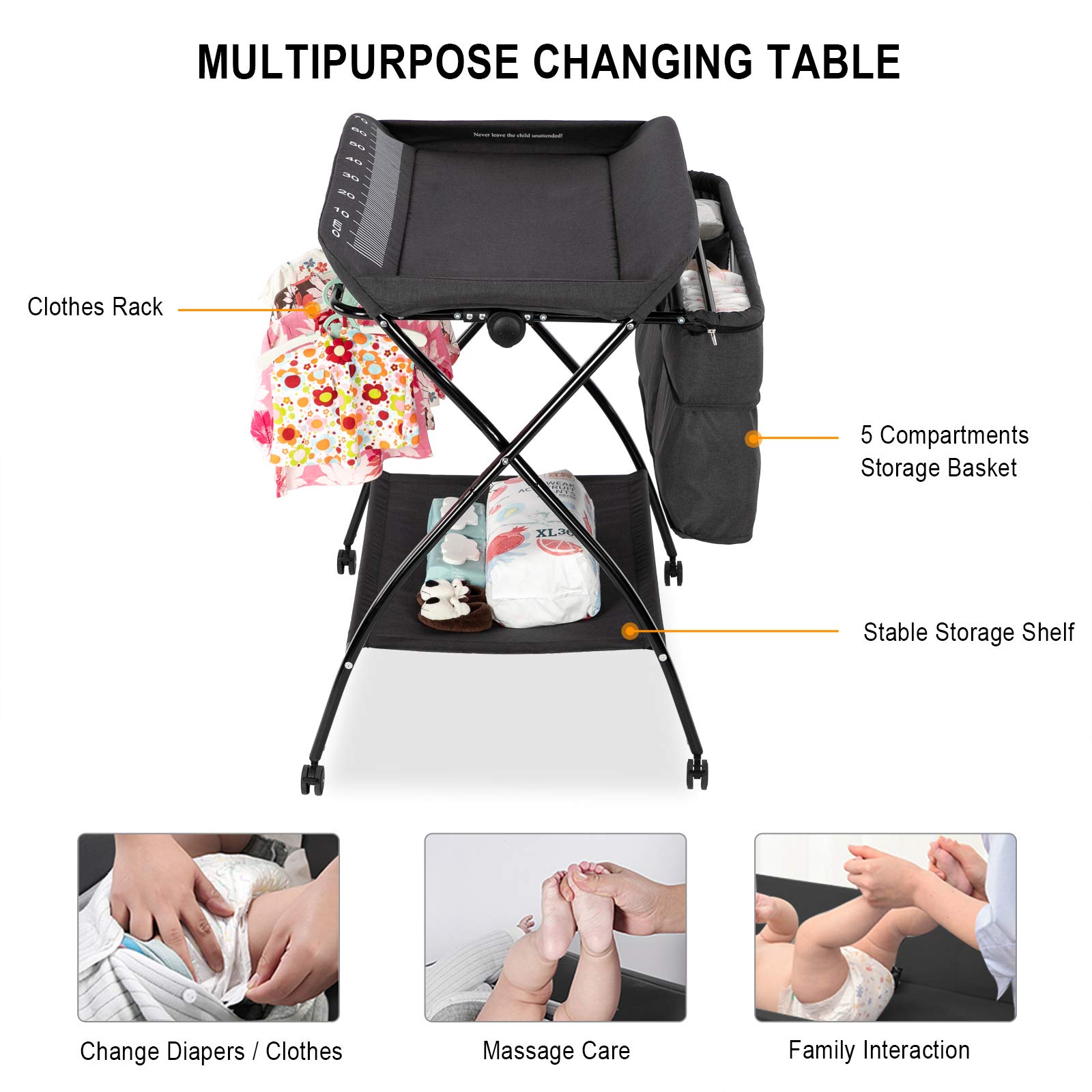 JOYMOR 2-in-1 Folding Baby Changing Table, Moblie Diaper Table for Infant, Portable Diaper Changing Station with Wheels, Large Storage Basket & Shelf Portable Nursery Organizer