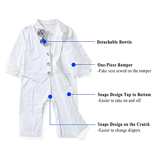HOSUKKO Baby Suit, One-Piece Romper & Beret & Bow Tie,Toddler Boys Bowtie Outfits Sets for Special Occasion (Long Sleeve, 0-24 Months),White,3-6M