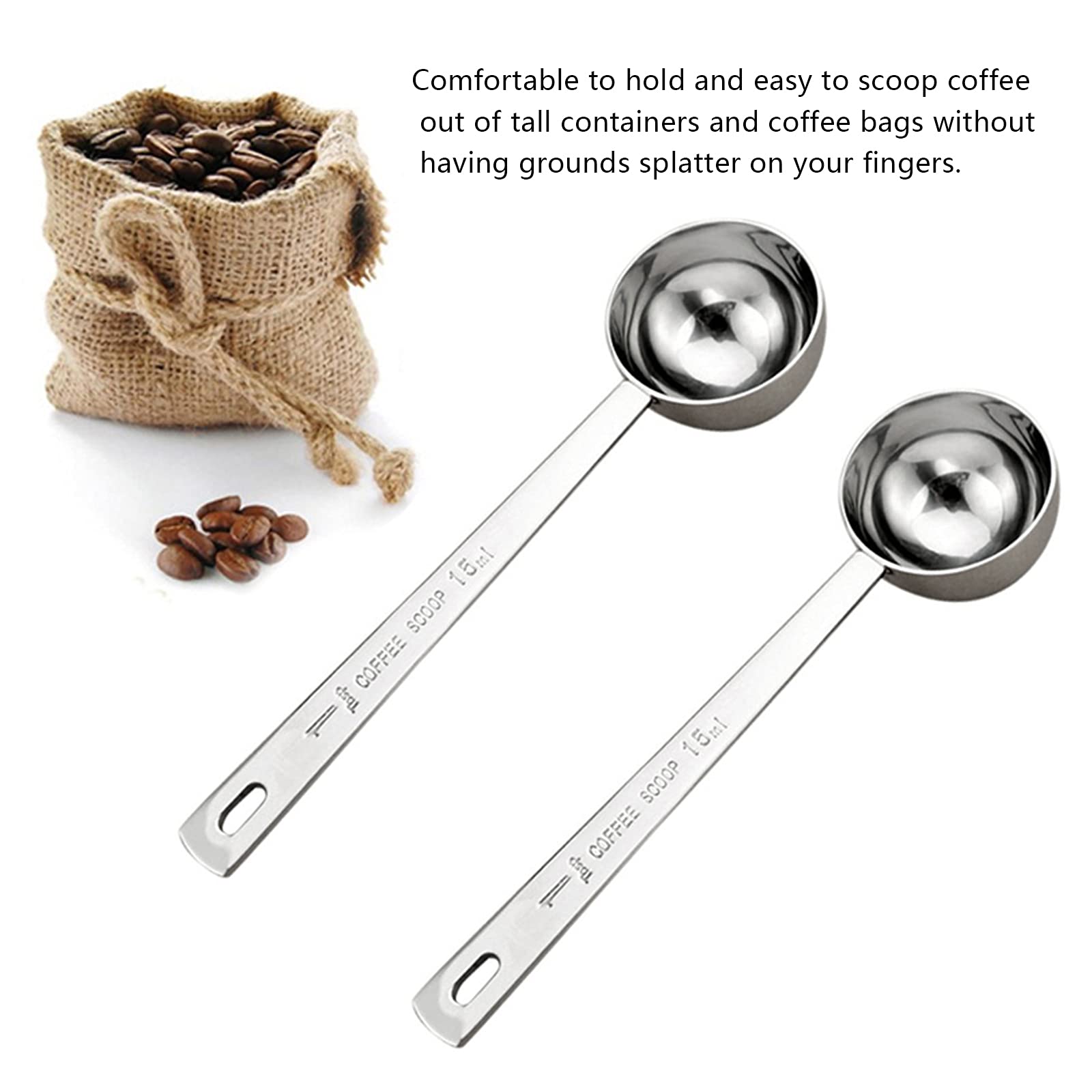 2-piece stainless steel coffee measuring spoon coffee scoop, coffee scoop 1 tablespoon, long handle coffee scoop suitable for coffee powder and coffee making (silver-2pcs-15ml)
