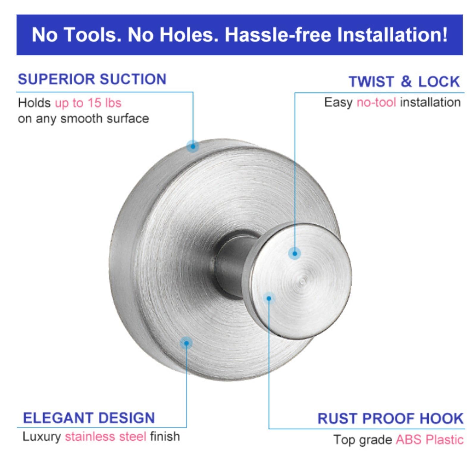 2024 New Stainless Steel Waterproof Suction Cup Hooks,Luxe Grip No-Drill Hooks,Suction Cup Hooks for Shower, Bathroom,Hanging Towels,Mounting on Glass Shower Doors, Mirrors(Silver,2PC)