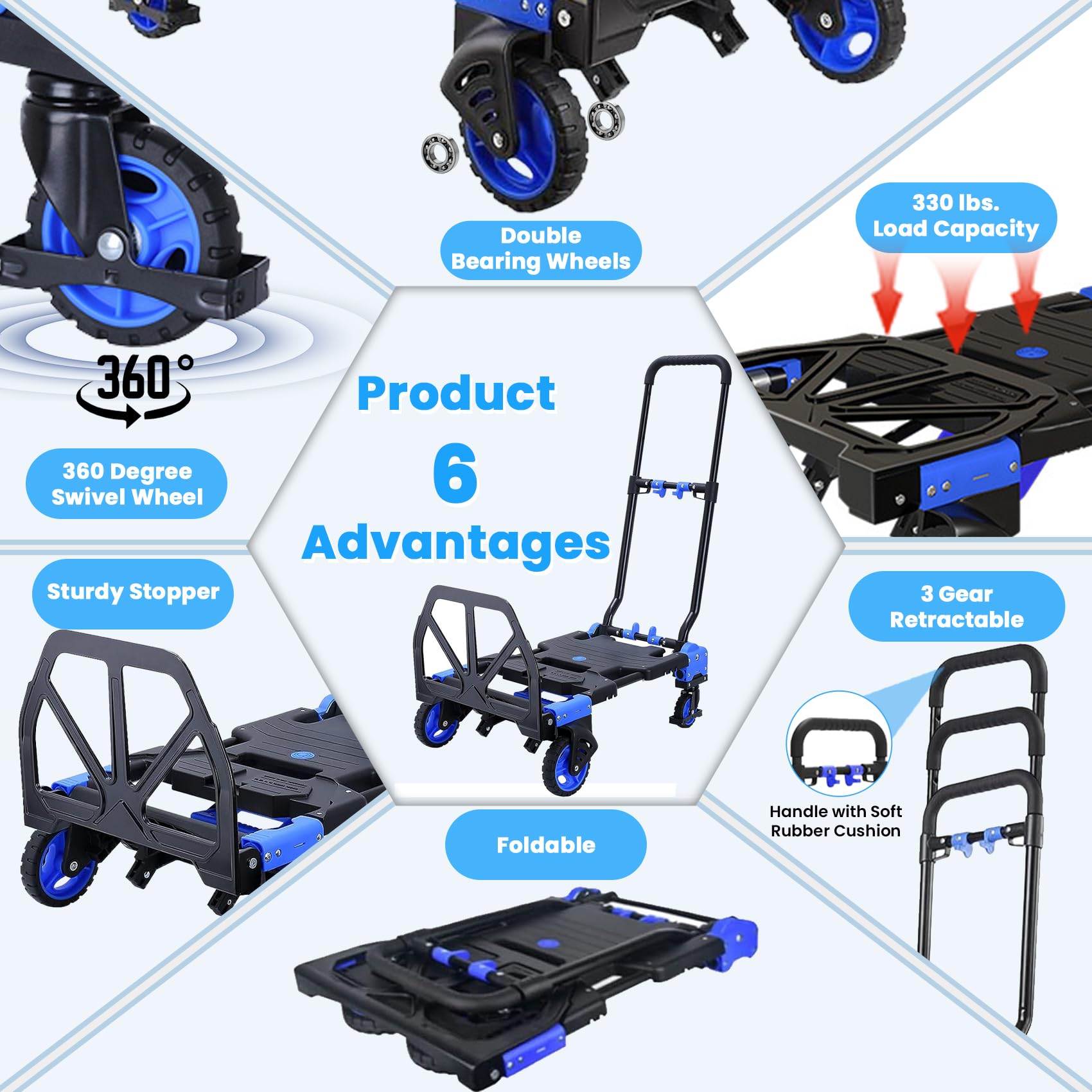 2 in 1 Hand Truck Dolly Foldable, 330LBS Foldable Handtruck Dolly, Portable Foldable Dolly with Wheels, Retractable Handle & 4 Rubber Wheels, Hand Cart Foldable for Travel/Luggage/Office/Moving