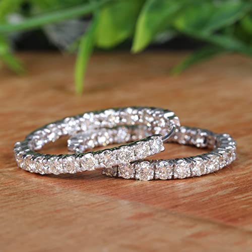 14k White Gold Post Round Brilliant Cut Moissanite Inside-Outside Hoop Earrings In Sterling Silver (1.2 Inch)