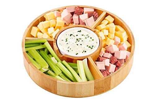 Chip and Dip Serving Bowl β Wooden Appetizer Platter Set with Dip Cup for Salsa, Guacamole, Nacho, Vegetables, Taco Chip, Snacks and More β 12 Inch Diameter