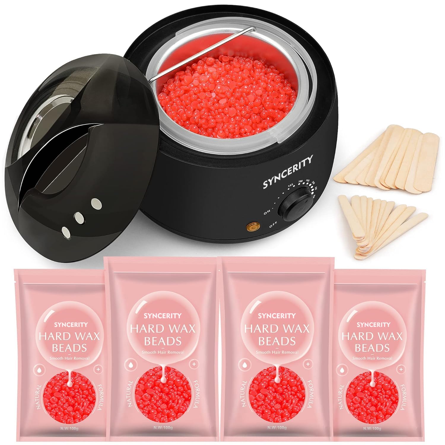 Syncerity Hair Removal Waxing Kit for Sensitive Skin, All-In-One Home Wax Kit with 4 Bags Wax Beads for Hair Removal, Hard Wax Kit for Fine Coarse Body Hair, Brazilian Bikini Face Legs