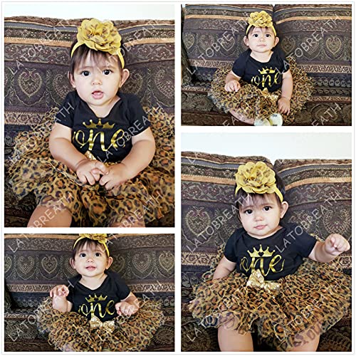 LATOBREATH Baby Girl One Year Old First Birthday Romper Outfits Set Leopard Tutu Skirt Set Party Dress Clothes(12-18 Months)