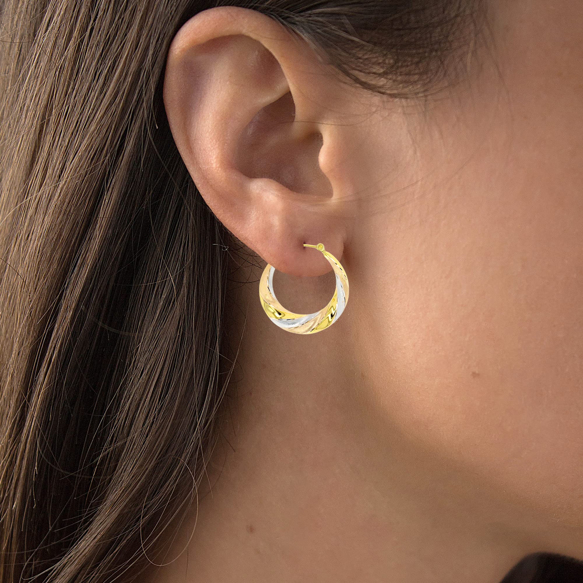14K Tricolor Gold 3mm Thick High Polished Swirl Hoop Earrings with Hinged Clasp | 3x25mm Hoop | Swirl Earrings | Solid Gold Earrings For Women