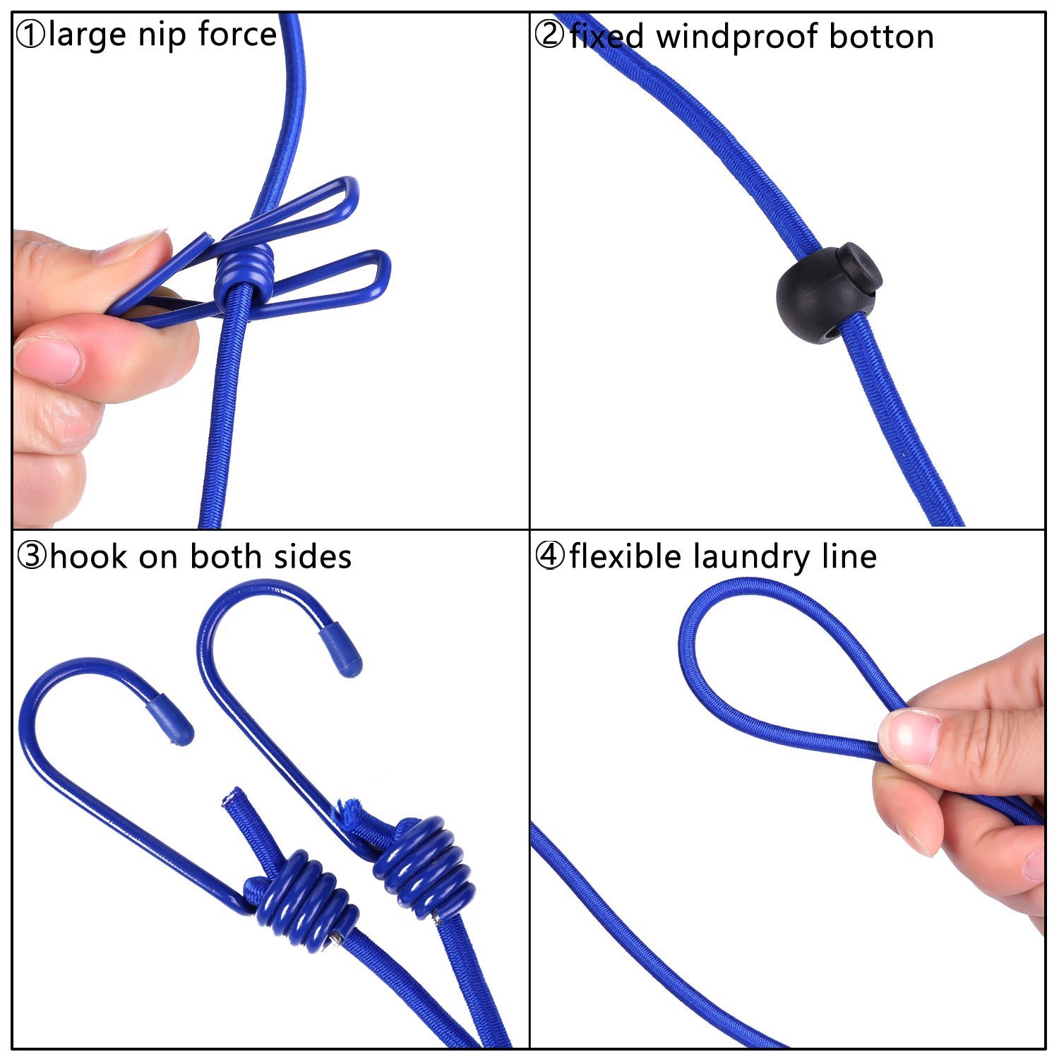2 Pack 11 Feet Windproof Clothesline with 12 Blue Clips, Adjustable Clothes Line for Home, Travel and Outdoor Hanging Clothes