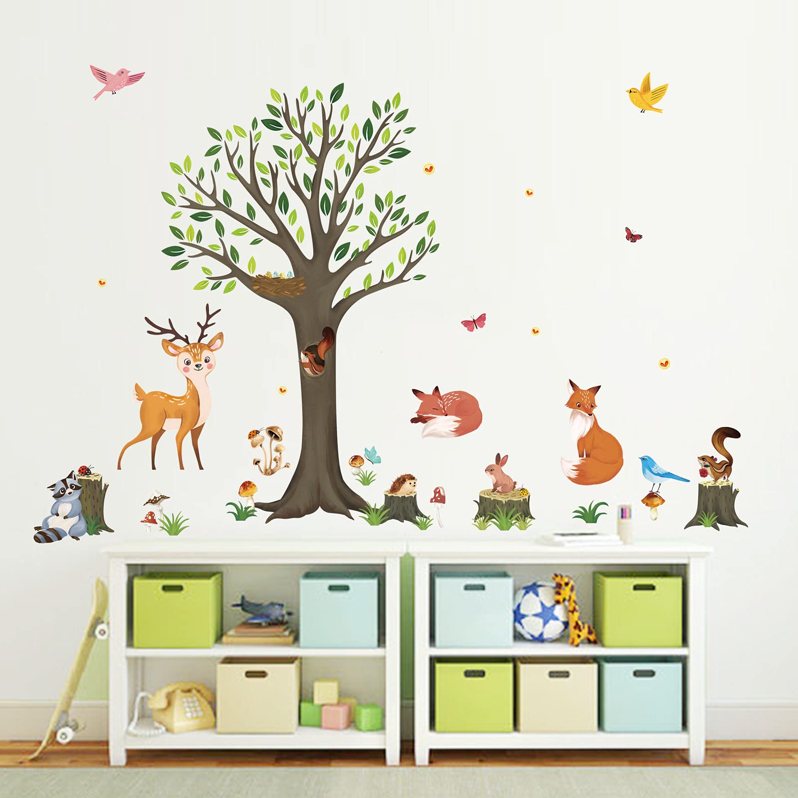 decalmile Animal Forest Tree Wall Stickers Fox Bird Deer Wall Decoration Bedroom Kids Baby Nursery