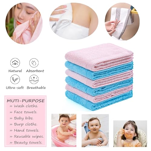 Mother-Earth 6-Pack Bath Washcloths 12"x12" - Soft and Absorbent Face Towels, Quick-Drying Wash Cloths for Sensitive Skin, Premium Quality for Daily Use (Blue-Pink)