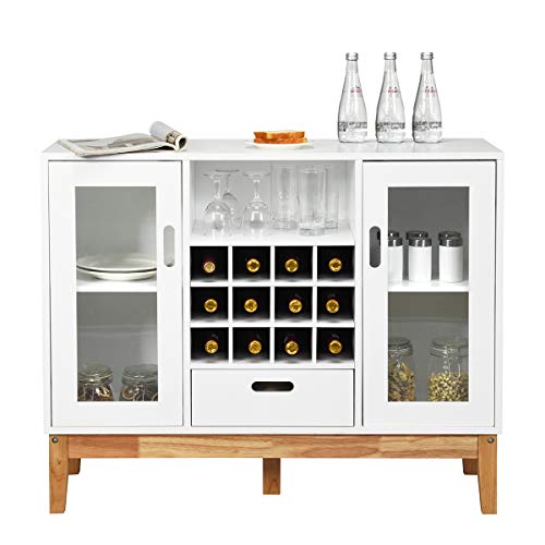 Giantex Buffet Sideboard, Wood Kitchen Server, Storage Cupboard, Wine Rack, 2 Cabinets, Drawer and Open Shelf, Living Room Furniture (White & Natural)