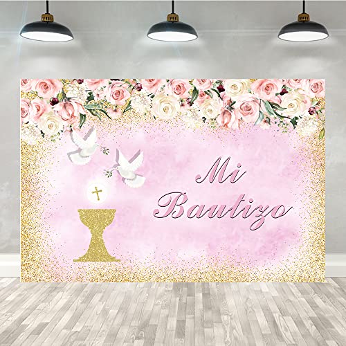 5x3ft Mi Bautizo Backdrop for Girl Baptism Gold Bless Background Pink Flower Golden Dots Photography Baby Shower Banner Party Decorations Floral Newborn Baby Shower Photo Booth Props (EZH0D685UU)