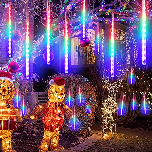 Meteor Shower Rain Light, 8 Tubes 192 Led 30cm Waterfall Raindrop Icicle Christmas Light Outdoor, Waterproof Plug in String Light for Xmas Holiday Party Wedding Valentine Day - Multicolor