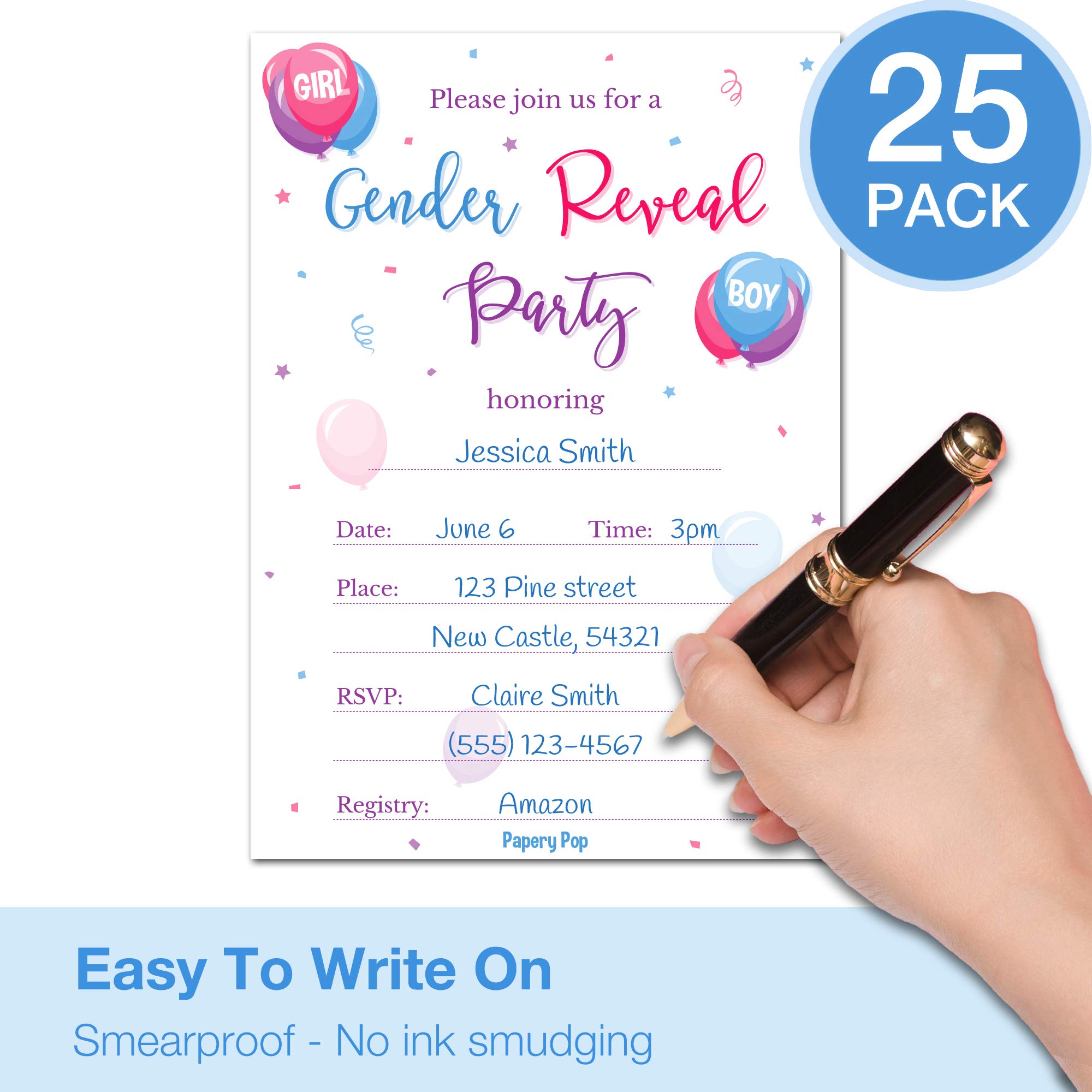 Set of 25 Gender Reveal Party Invitations with Envelopes, Diaper Raffle Tickets and Baby Shower Book Request Cards