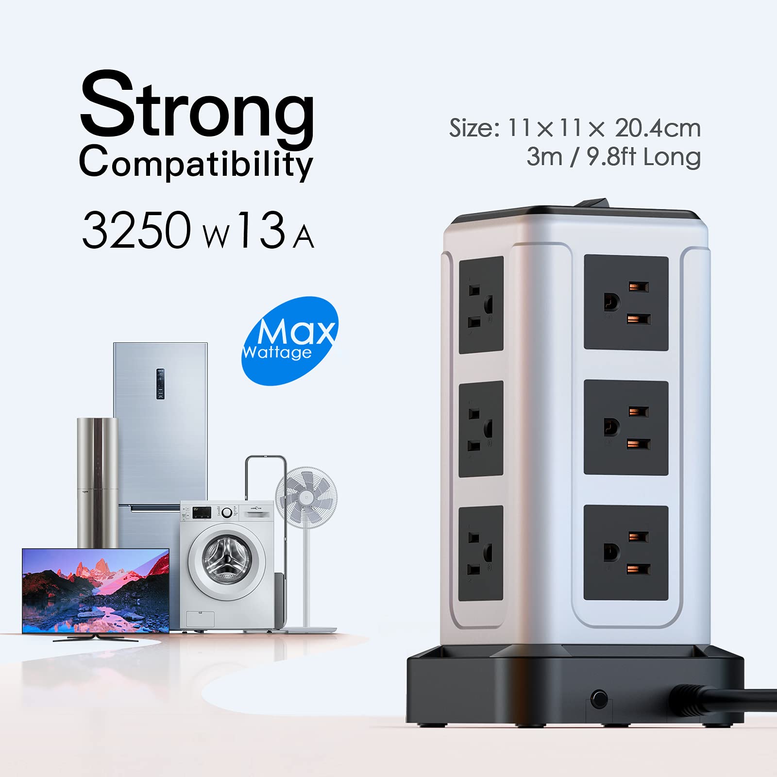 Power Strip Surge Protector with 12 AC Outlets 3250W, 4 USB Ports 1050J and 9.8ft Extension Cord, Power Strip Tower Electric Charging Station for iPhone Tablet Laptops Home Office