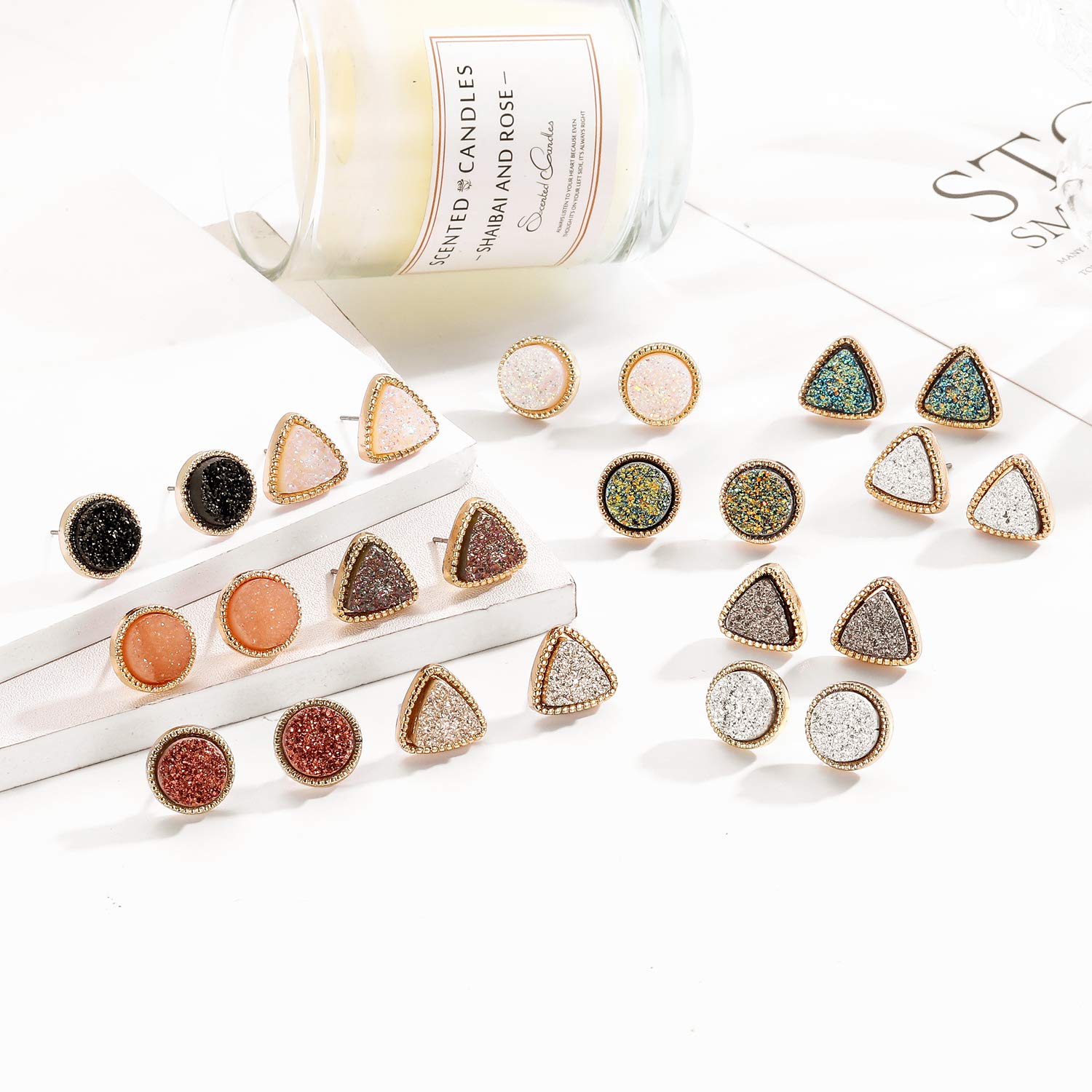 12 Pairs Druzy Stud Earrings for Women 12mm Round Triangle Resin Cluster Stud Earrings Set Stainless Steel Pierced Gold Black Multicolor
