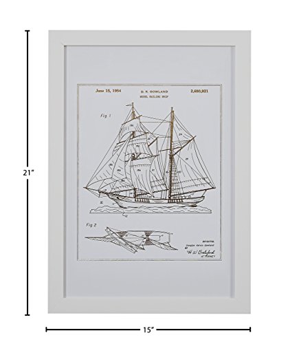 Amazon Brand – Stone & Beam Modern Gold Ink Reprint of Sailing Ship Patent, White Frame, 15" x 21"