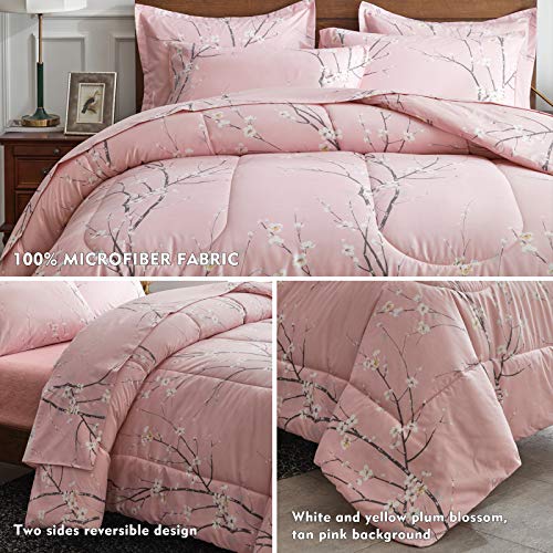 AIKASY Bed in a Bag 6 Pieces Twin Size - Floral Print - Soft Microfiber, Reversible Bed Comforter Set (1 Comforter, 2 Pillow Shams, 1 Flat Sheet, 1 Fitted Sheet, 1 Pillowcases)(Pink, Twin)