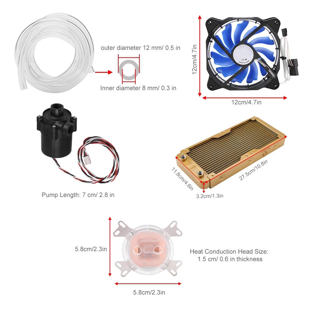 ASHATA PC Water Cooling Kit,Universal Water Cooling Radiator,Tubing,Pump,Cylindrical,Dual Fan,Mounting Accessories Computer Water Cooling Liquid Cooler Kit