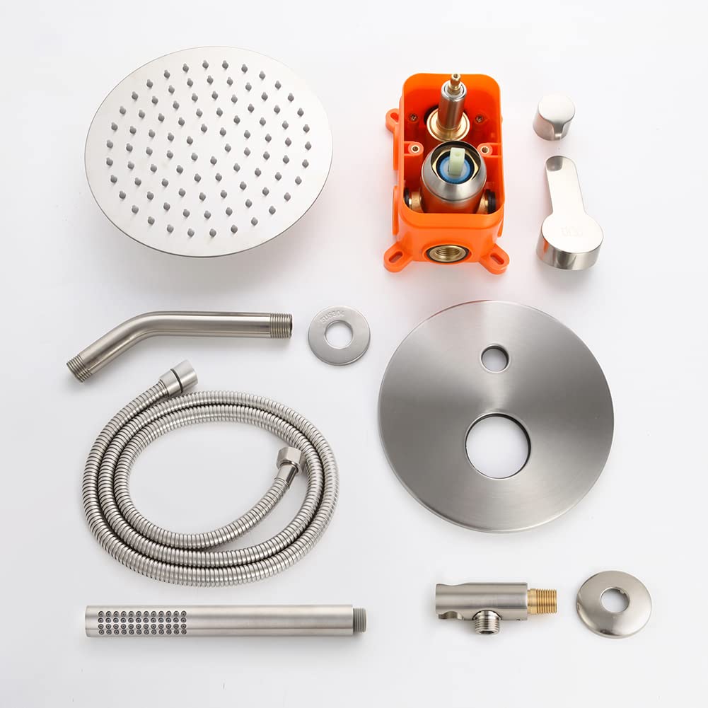 POP SANITARYWARE Shower System Brushed Nickel Bathroom Rainfall Shower Faucet Set Complete Wall Mounted 8 Inch Shower Head and Handle Set with Rough-in Valve Body and Trim Kit
