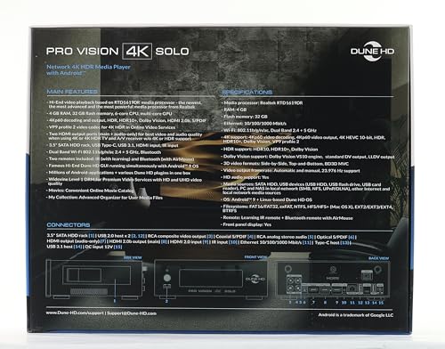 Dune HD Pro Vision 4K Solo | HDR10+ | Ultra HD | 3D | DLNA | Media Player and Android Smart TV Box | RTD1619 | 3.5 SATA HDD Rack | HD-Audio, 2X HDMI, BT, WiFi, 4GB / 32GB