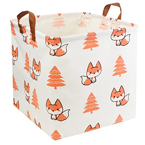 ASKETAM Square Canvas Collapsible Fabric Baby Toy Box Storage Bin Bedroom Decor Closet Kids Laundry Baskets Toy Organizer,Shelf Basket Nursery Storage,Gift Baskets(Fox Little Pine)