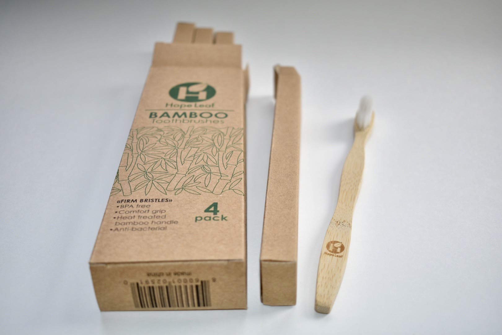 4 Pack Bamboo Toothbrushes by Hope Leaf ((Firm Bristles)) Natural Biodegradable Durable Vegan Organic