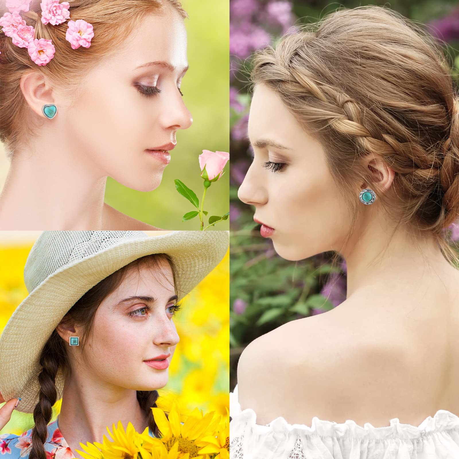 12 Pairs Turquoise Stud Earrings Boho Various Dainty Small Gemstone Studs Earring Set Simple Trendy Silver Gold Round Square Drop Triangle Flower Shaped Dot Earrings for Women