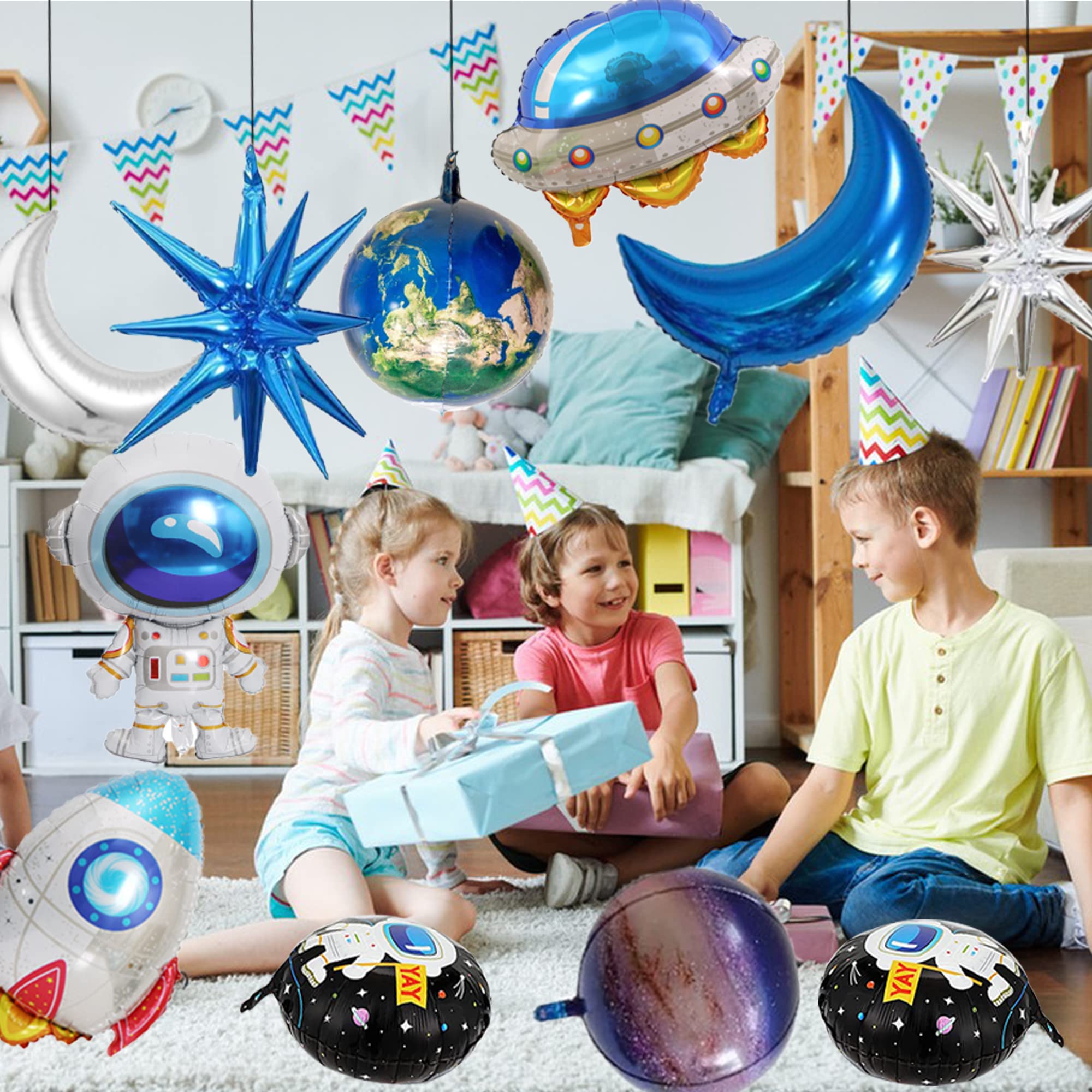 13 PCS Space Theme Birthday Party Decoration - Outer Space Balloons for 3rd Birthday Supplies, Foil Balloons for 40 Inch Blue Number 3 Astronaut Rocket Star Moon Galaxy Earth (3rd)
