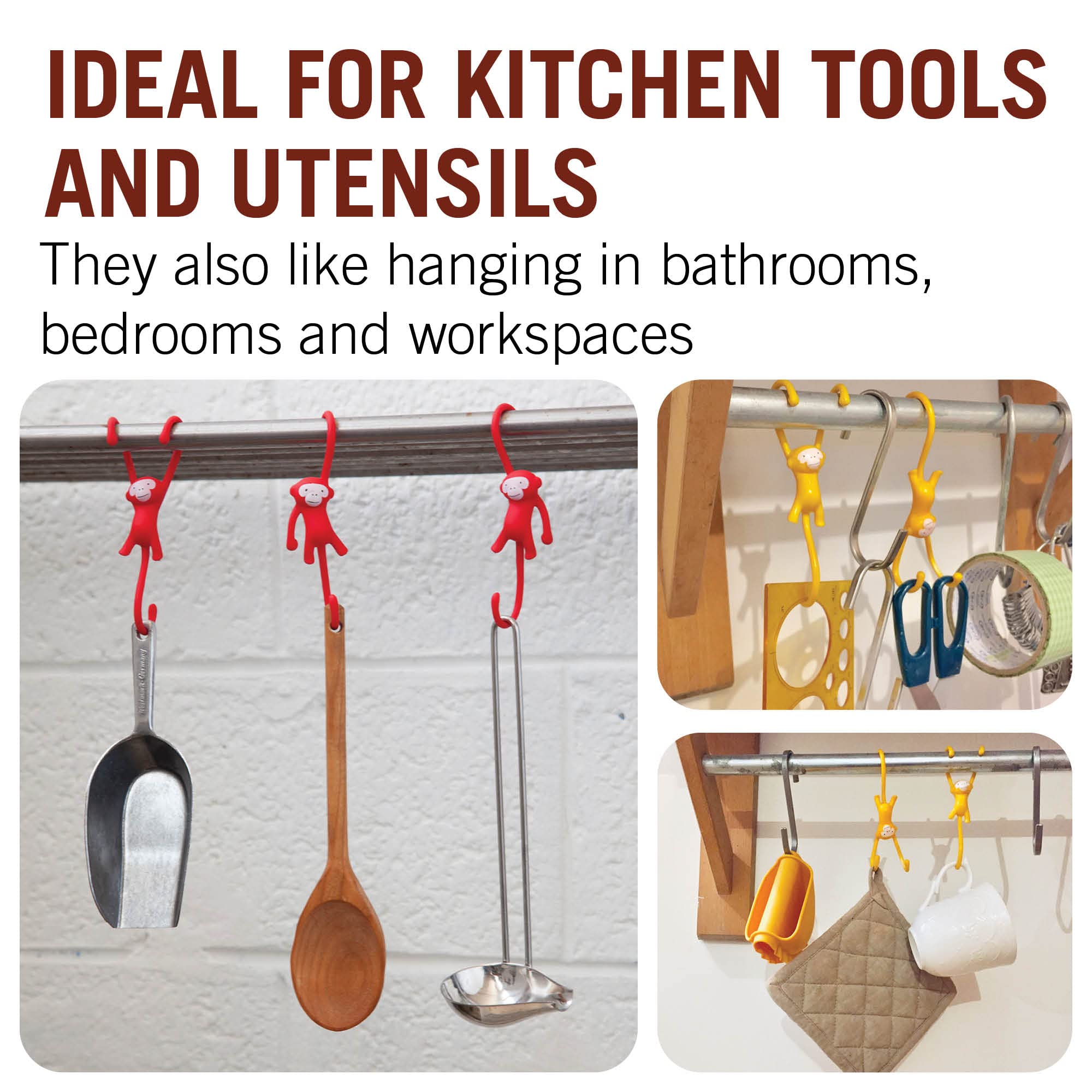 Monkey Business Just Hanging: Fun Kitchen Hooks/Set of 3 Monkey Hangers/S Shaped Hooks with a Twist (Red)