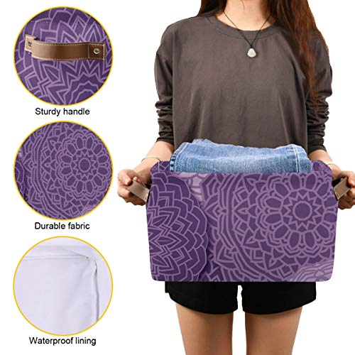 KEEPREAL Large Storage Basket Bin Purple Mandala Boho Storage Cube Box Foldable Canvas Fabric Collapsible Organizer with Handles for Home Office Closet