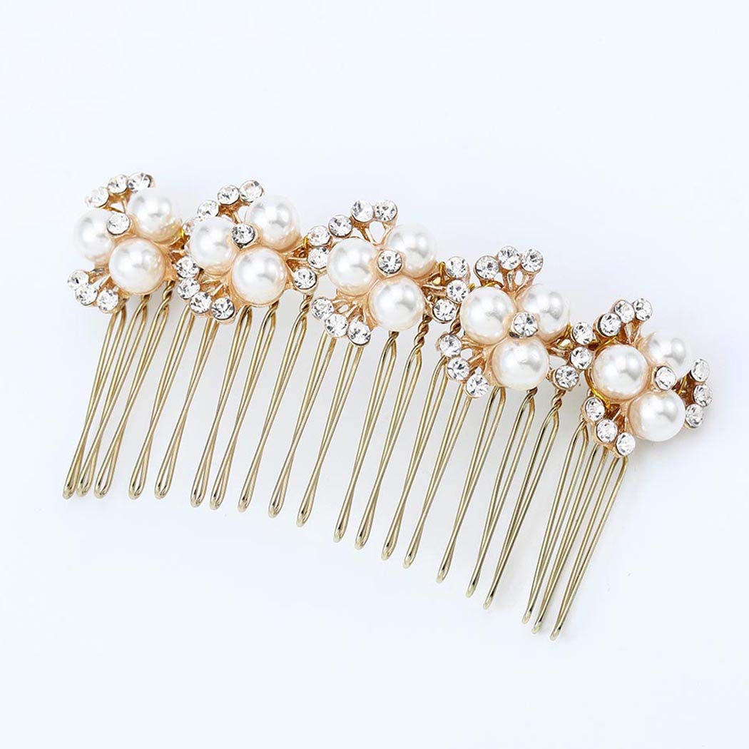 Asooll Gold Wedding Hair Comb Clip Rhinestone Bridal Hair Comb Pieces Pearl Hair Accessories for Brides Wedding