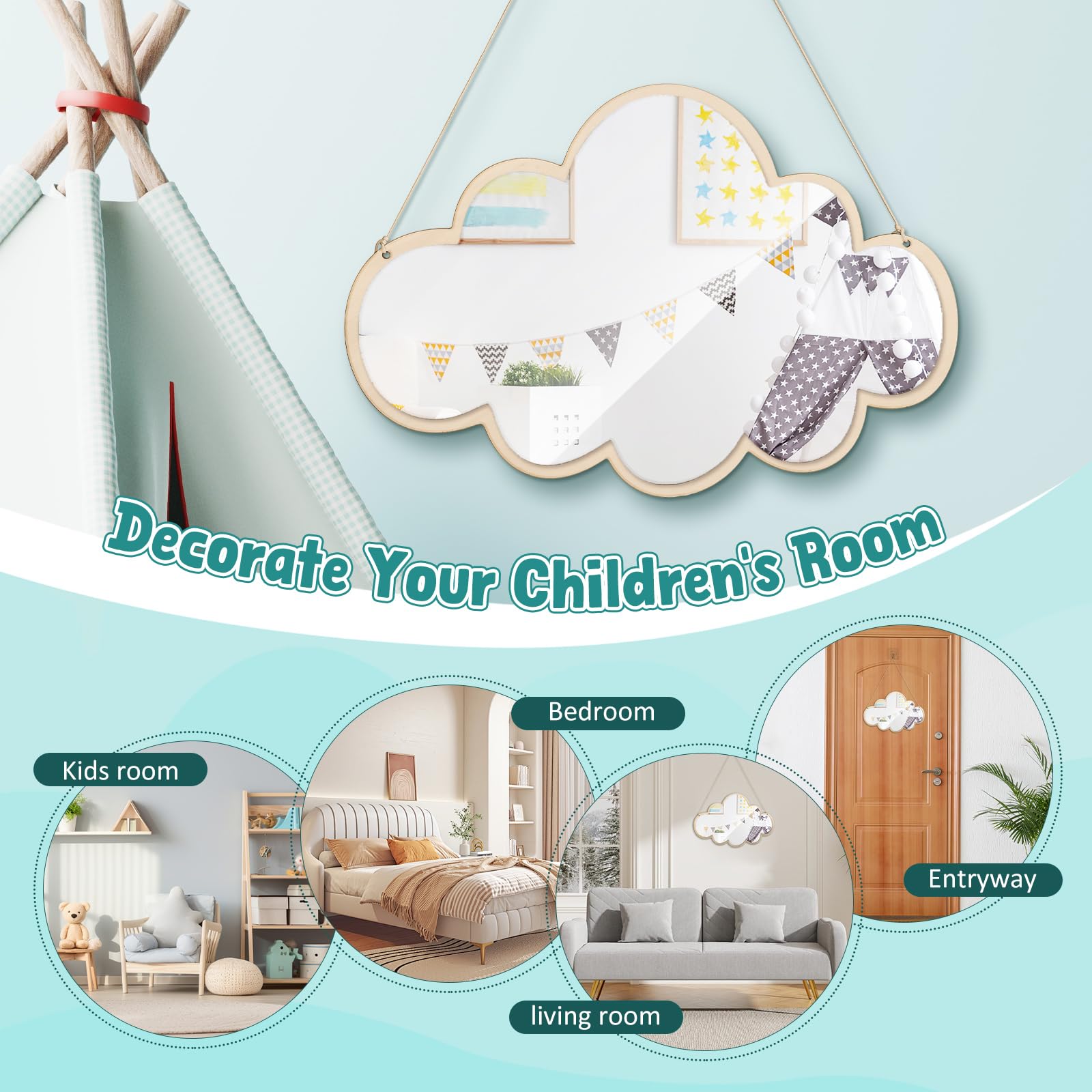 Mirror Cloud Wooden Mirror Cartoon Safety Shatterproof Mirror Wall Sticker Nordic Bedroom Nursery Decoration Mirror