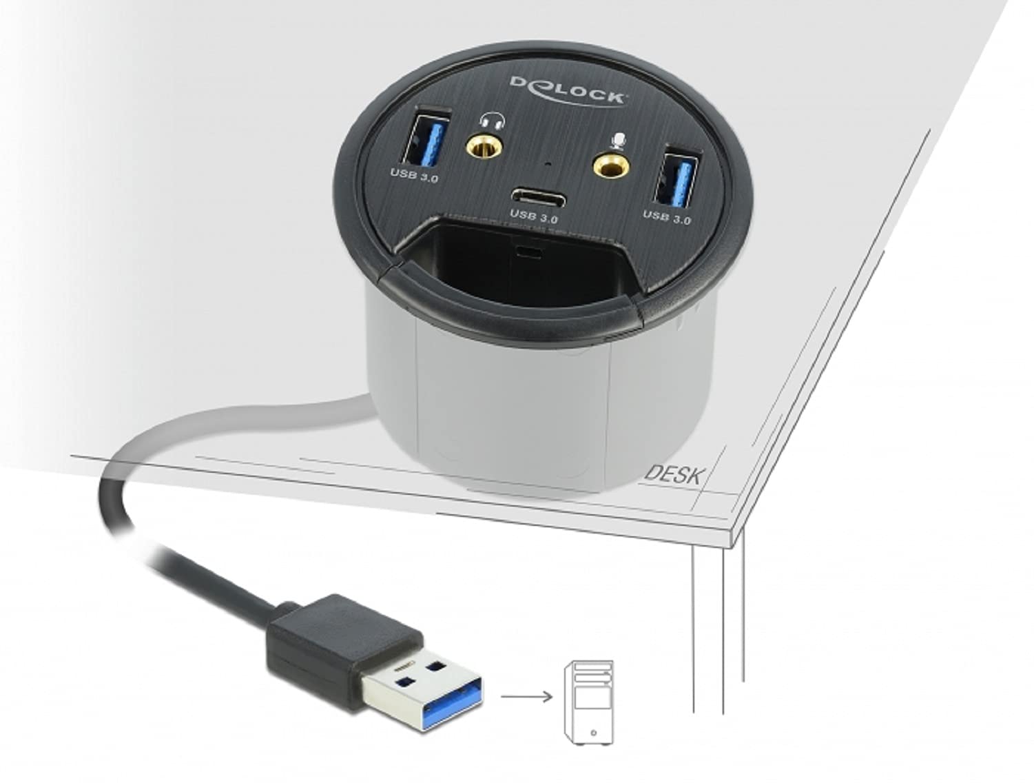 Delock 3 Port Desktop Hub 1 x USB Type-C and 2 x USB Type-A + HD Audio Ports, 62794