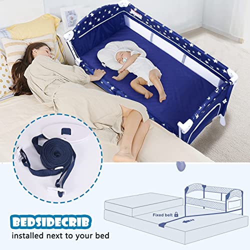 Heyo.Ja Double Layer Baby Playard, 5 Height Adjustable Crib,Changing Diaper Rack,Foldable Bassinet Bed with Luxury Mosquito Net,Starry Sky Fence,Two Toys Bag,Wheels & Brake, Carry Bag (Navy)