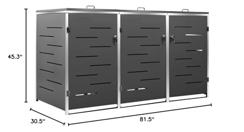 Triple Wheelie Bin Shed,Outdoor Trash can Storage,Outdoor Toy Storage,Garden Shed,Includes Luxury Springs and Convenient Lid,for Backyards and Patios, 81.5"x30.5"x45.3" Stainless Steel,Lockable