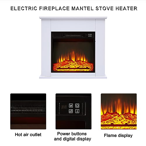 25 Inch 1400W Electric Fireplace Mantel Stove Heater, Portable Freestanding Space Heater with Overheating Safety Protection, Remote Control and Realistic Flames for Indoor & Outdoor（White）