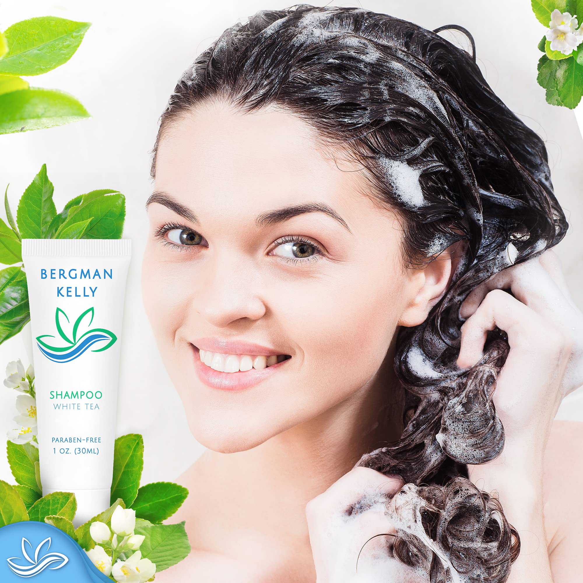 BERGMAN KELLY Travel Size Hotel Shampoo (1 fl oz, 100 PK, White Tea), Delight Your Guests with Revitalizing and Refreshing Shampoo for Guest Hospitality, Mini & Small Size Luxury Shampoo in Bulk
