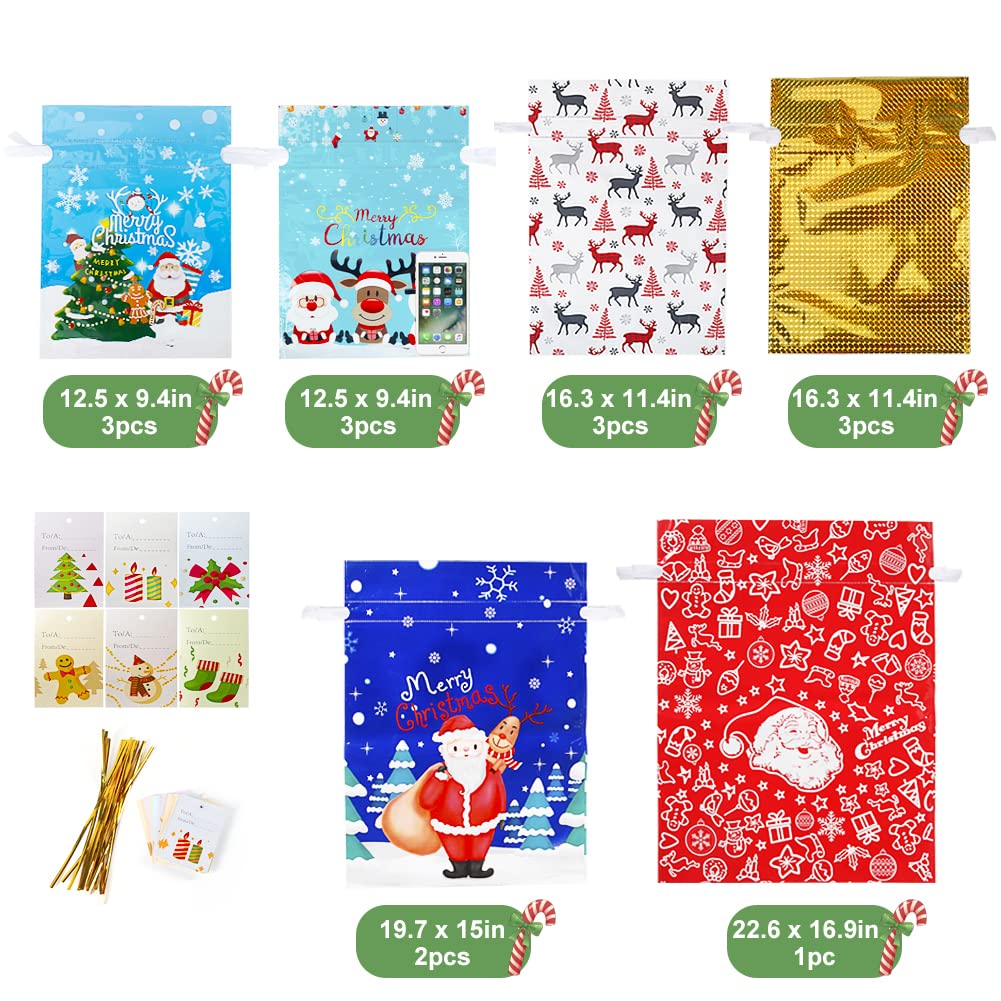 HRX Package Holiday Gift Wrapping Bags Drawstring, 15pcs Christmas Foil Sacks Pouches with Gift Tag for Xmas Presents Party Favor