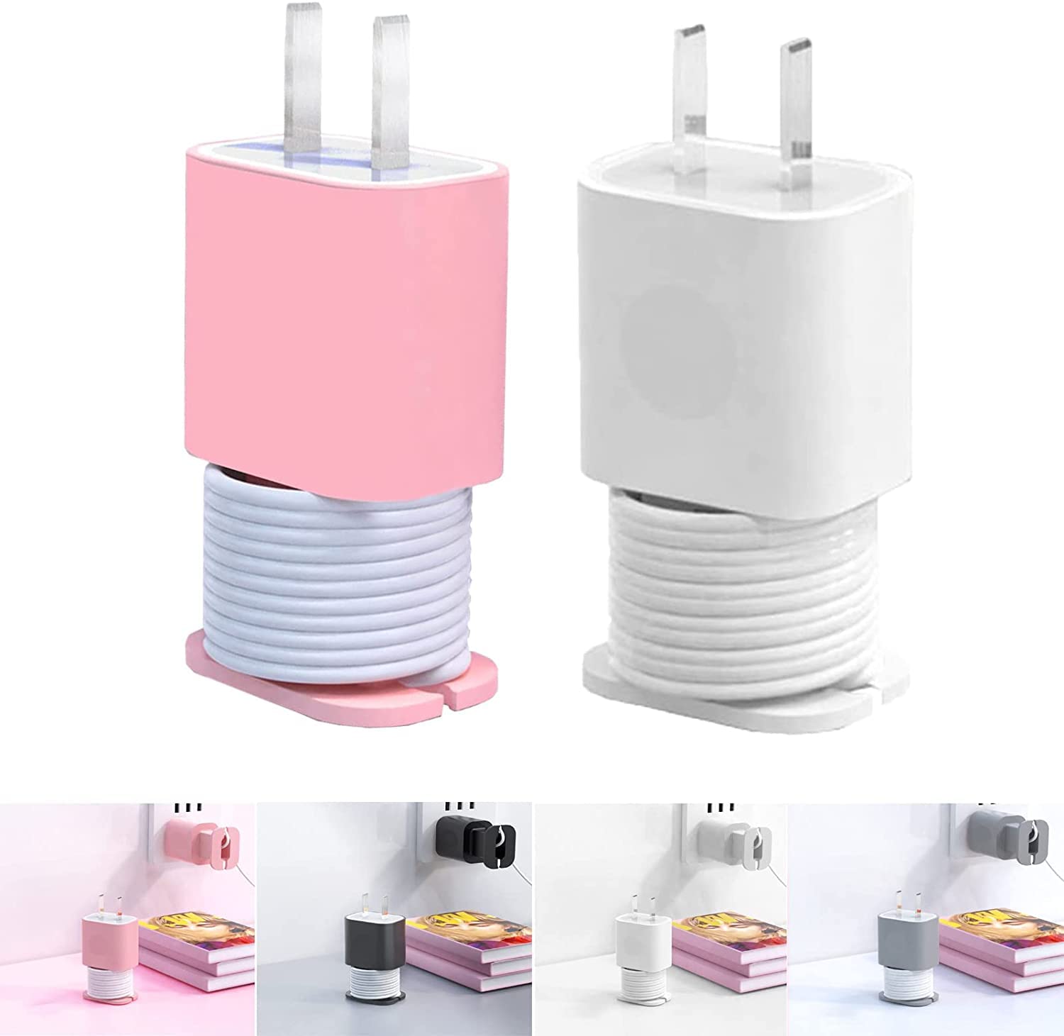 2 in 1 Silicone Charger Protector, Compatible with iPhone Charger Fast Charging 18w/20w Protective Case, Data Cable Winder Cable Anti-Break Protection Storage Tool. (2 Pack, Pink,White)