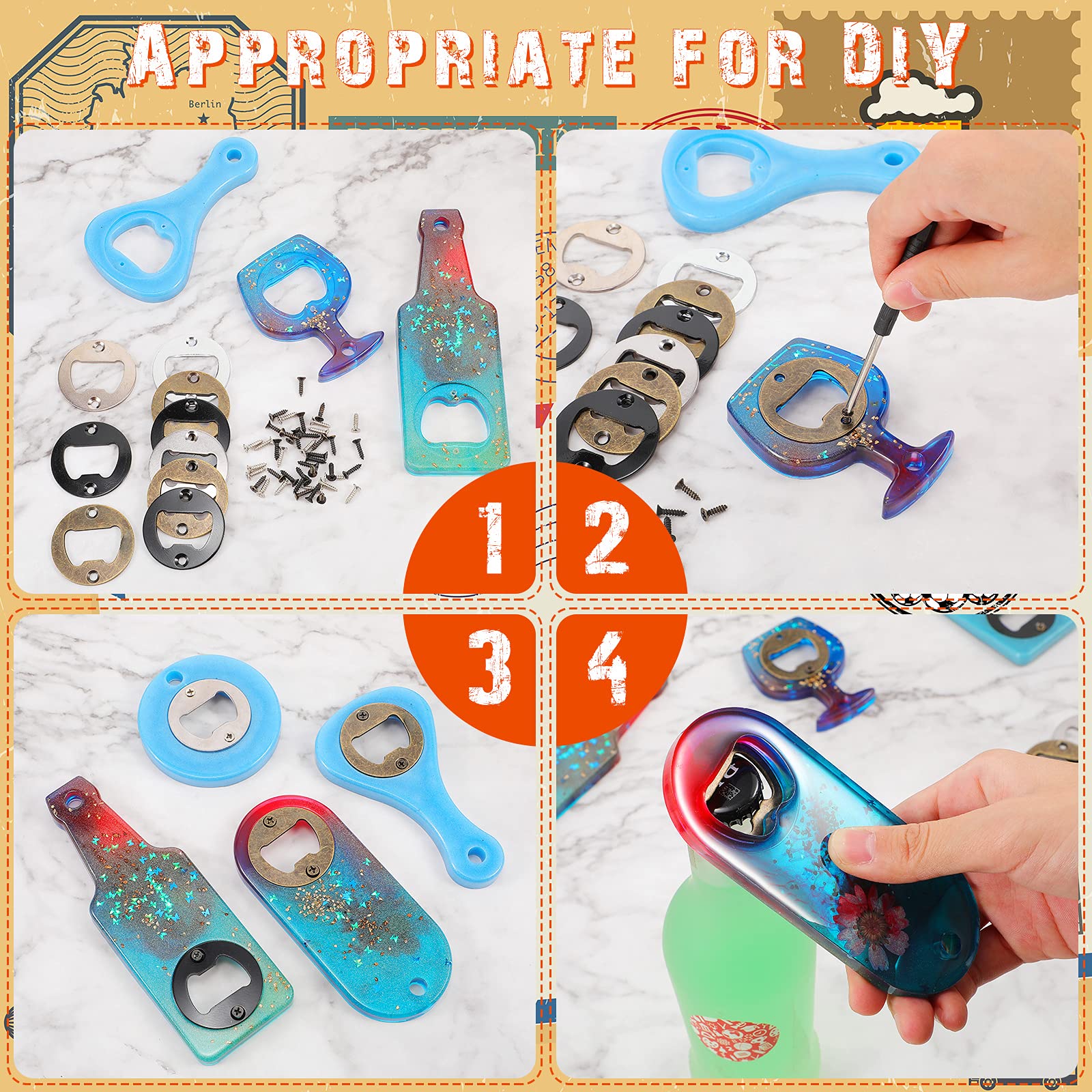 15 Sets Bottle Opener Inserts Kit Stainless Steel Round Bottle Opener Metal Round Opener Inserts with Screws and Screwdriver for Bottle Opener DIY Resin Mould Kit (Black, Silver, Bronze)