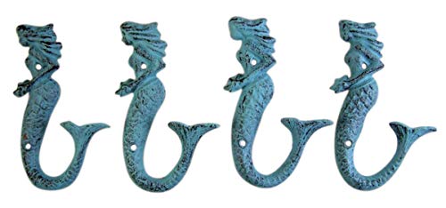 Aqua Blue Cast Iron Mermaid Wall Hook 5 3/4 Inch (Set of 4)