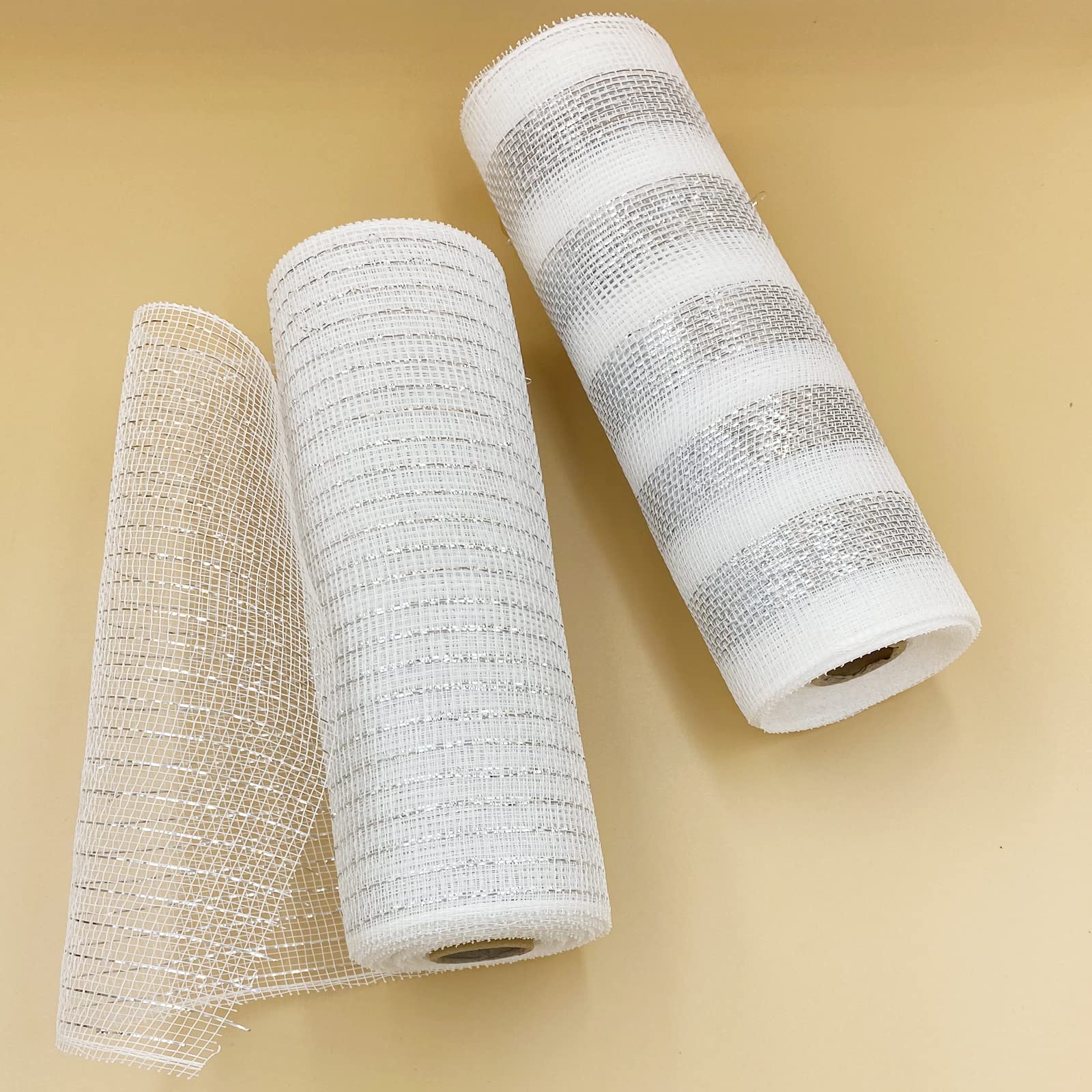 2 Rolls Christmas Deco Mesh, 10 Yards Silver & White Metallic Poly Mesh Ribbon Rolls for Wreaths, Mesh Ribbon for Christmas Tree, Wreath,Garland Home Decor