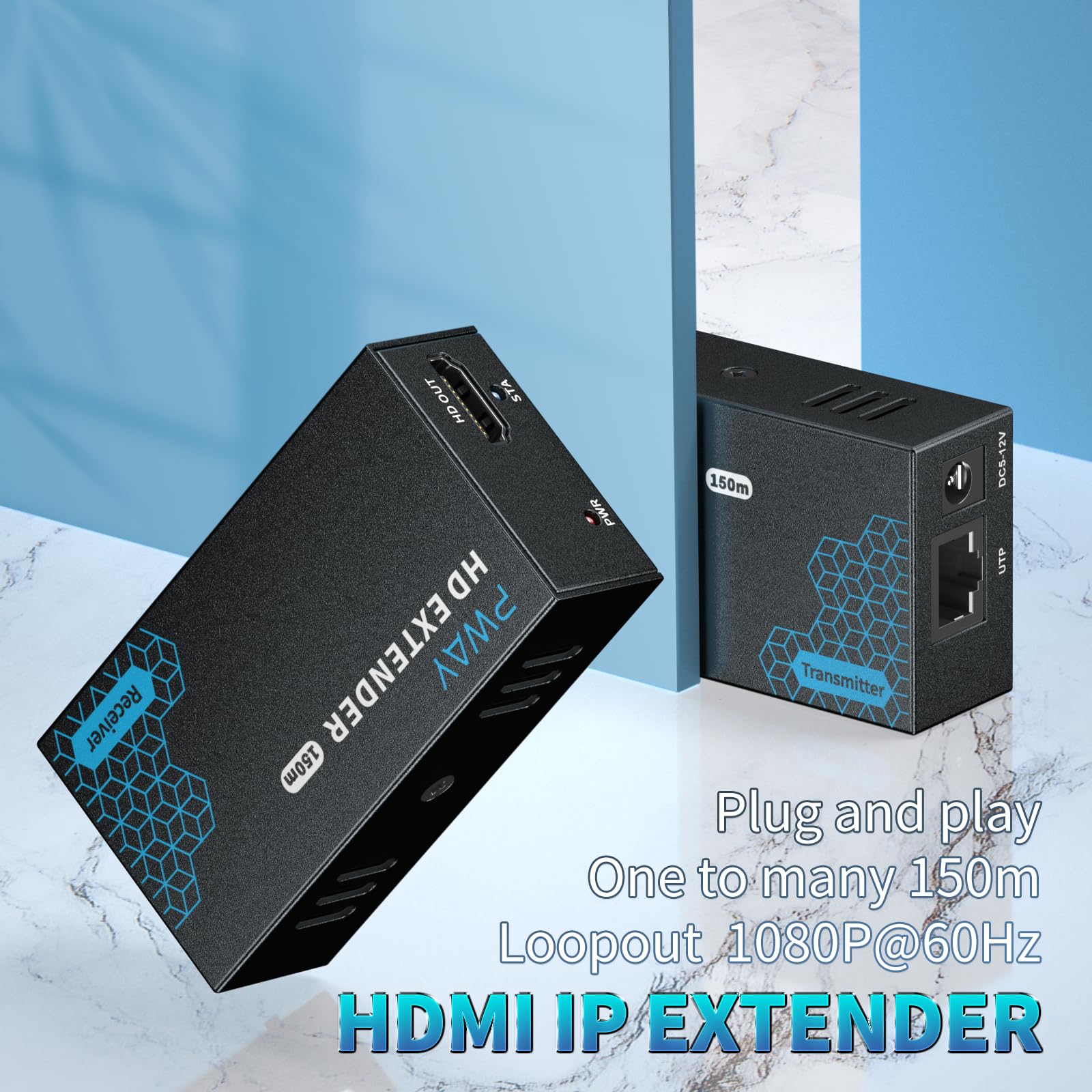 PWAY HDMI Extender 500ft Over Single Cat5e/6, One to Multiple Monitors by Gigabit Ethernet Switch, Full HD 1080P@60Hz Video Extended