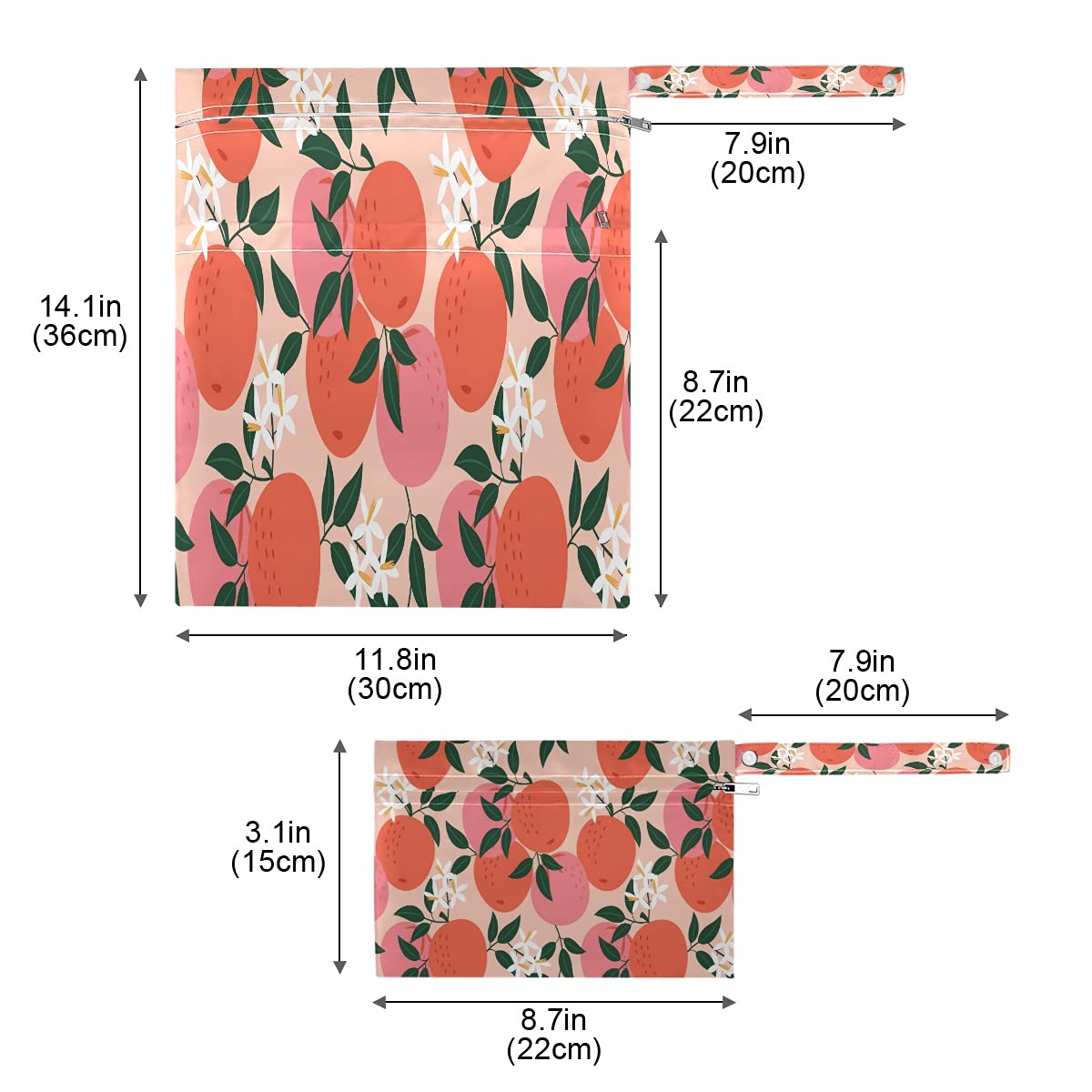 Wet Dry Bags for Diaper Bag Fruit Orange Flower Pattern Cloth Diaper Hanging Wet Bags Waterproof Washable Organizer Pouch with Pocket for Travel Camping Beach