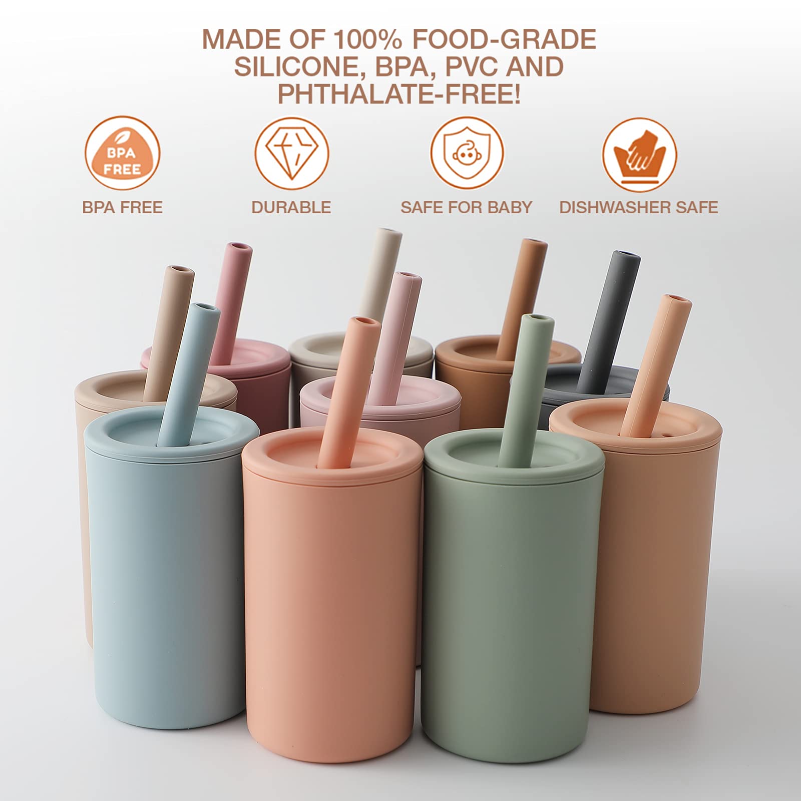 TOPGOMES Toddler Straw Cup, Food Grade Silicone Training Cup for Baby, Come with Straw Brush, BPA Free, 7 oz (Sage)