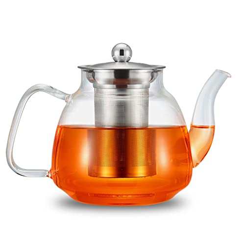 42oz/1250ml Glass Teapot, Glass Tea Kettle with Removable Stainless Steel Infuser, Stovetop Safe Tea Pot for Blooming and Loose Leaf Tea, Tea Maker Gift