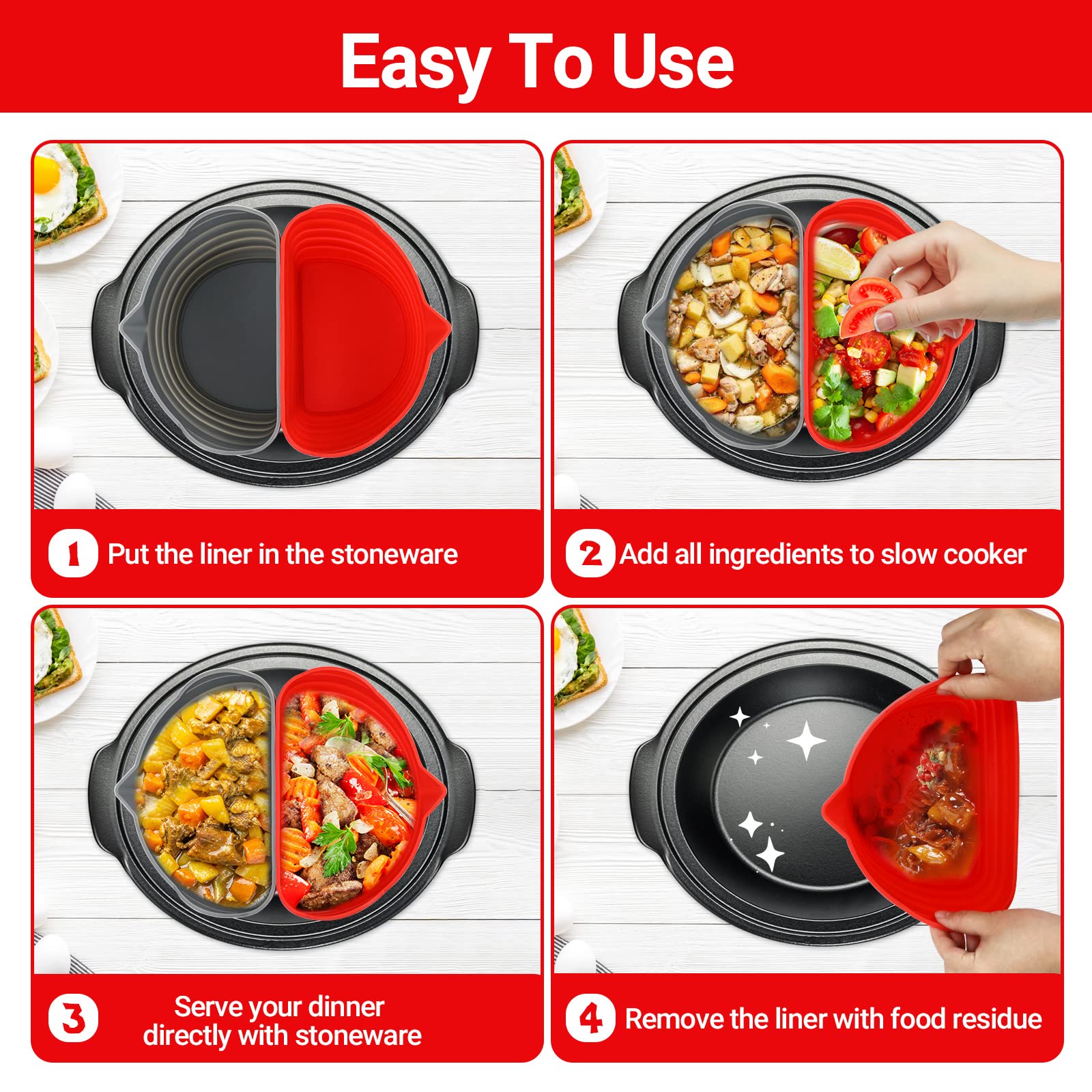 2 Set Silicone Slow Cooker Liners,SelfTek Reusable Liner Fits Crock-Pot &Hamilton Beach 7-8 Qt Oval,Foldable,Leakproof Dishwasher Safe Cooking Insert Includes Spoons - Red & Black
