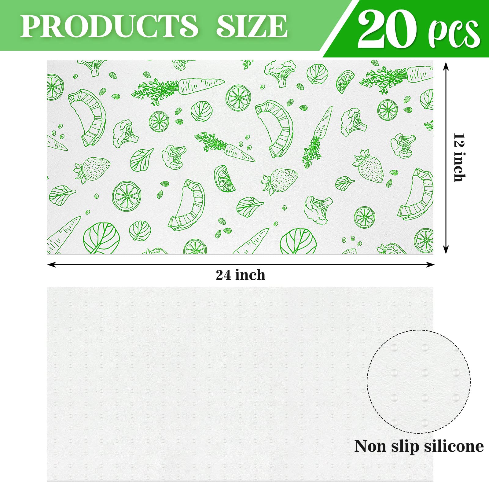 20 Pack Refrigerator Liners Absorbent Fridge Liner Veggie and Fruits Print Shelf Liner Non Adhesive for Kitchen Tray Sink Drawer Cabinet Wire Shelves Organizer Mat, 12 x 24 Inch (Fresh)